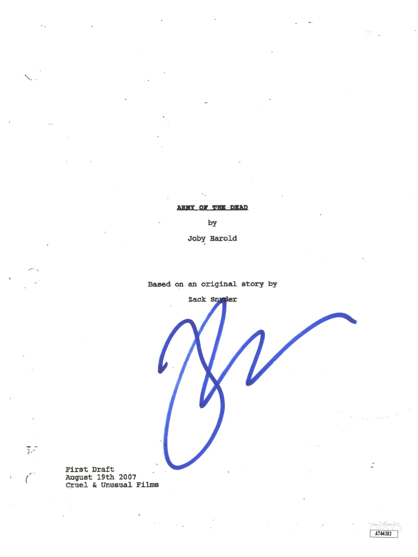 Zack Snyder Signed Army of the Dead Movie Script Cover Autographed JSA ...